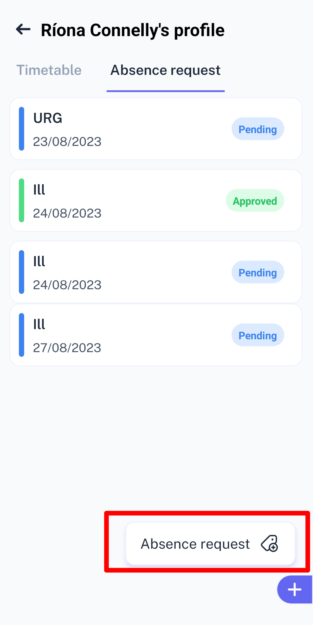 How do I submit an absence request for my child in the Tyro app?