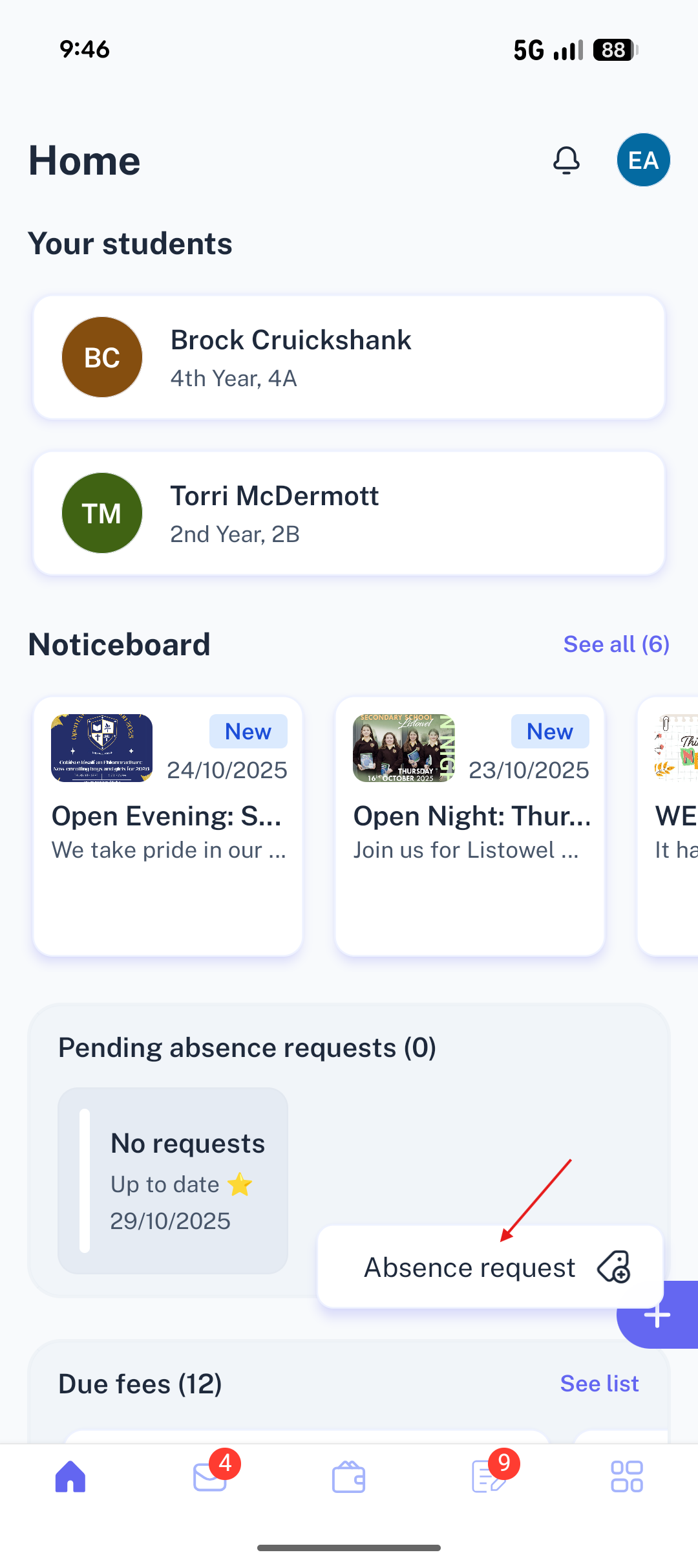 How do I attach a document to an absent request for myself or my student?